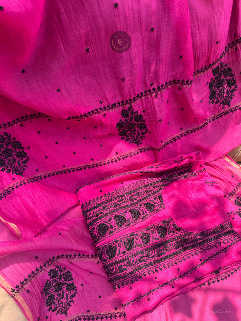 Handcrafted Mulmul Anarkali Ensemble with Chikankari & Pearl Embellish ...