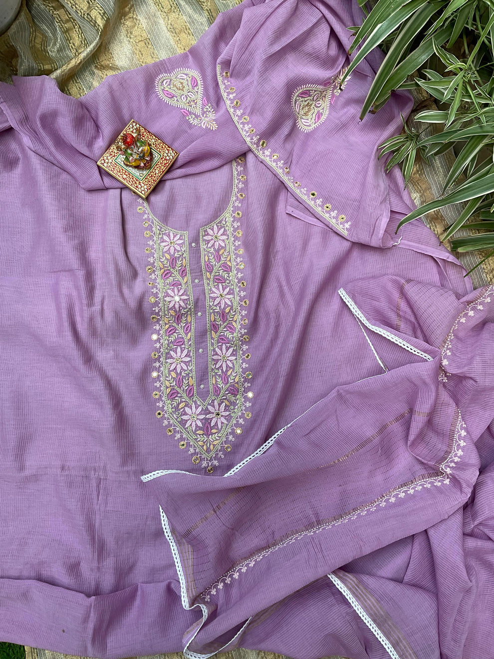 Maheshwari Malmal Suit Set Zardosi Neckline with Mirror, Moti & Resham ...
