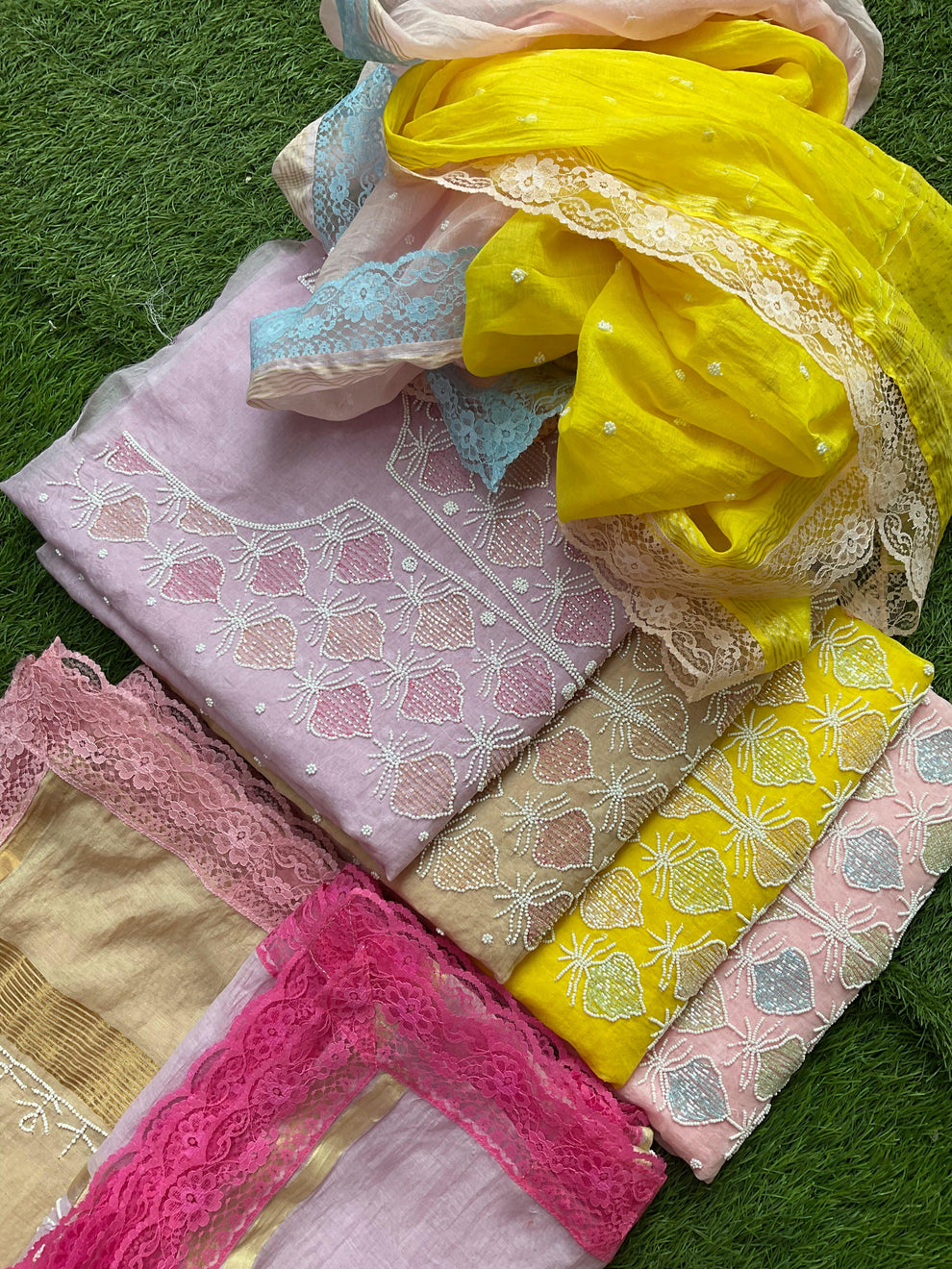 Grace in Every Thread – Mulmul Chikankari Suit Set with Pearl & Cutdan ...