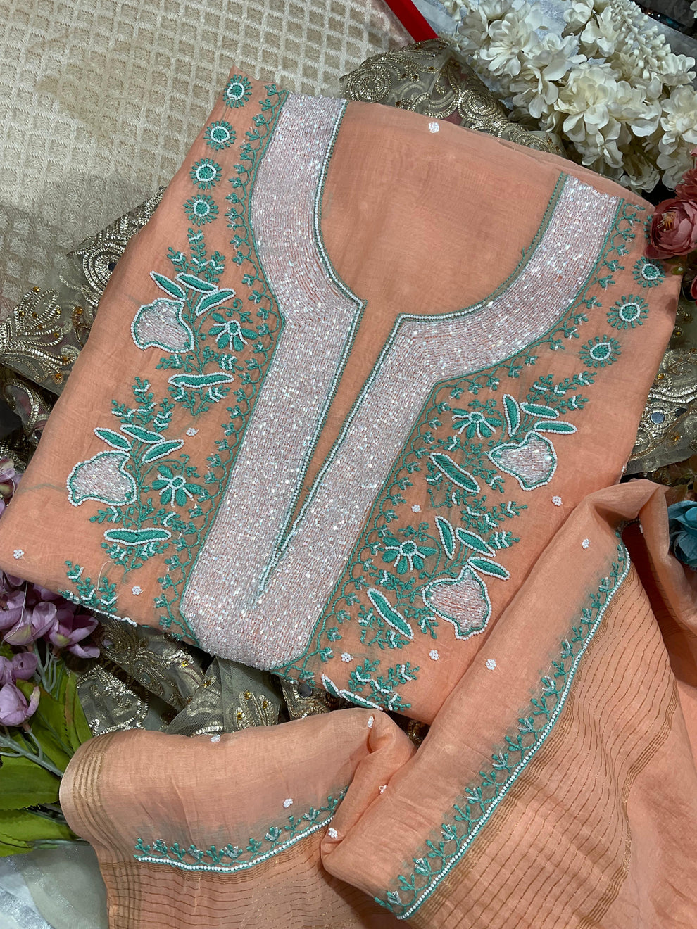 Delicate Glamour – Mulmul Chikankari Suit Set with Pearl & Cutdana Acc ...